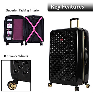 Betsey Johnson Luggage Hardside 3 Piece Set Suitcase With Spinner Wheels (20" 26" 30") (One Size, Heart to Heart Black)