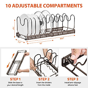 AHNR Expandable Pot and Pan Organizers Rack, 10+ Pans and Pots Lid Organizer Rack Holder, Kitchen Cabinet Pantry Bakeware Organizer Rack Holder with 10 Adjustable Compartments (Bronze)