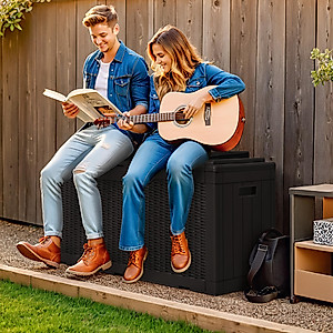 Greesum 100 Gallon Resin Deck Box Large Outdoor Storage with Cushions for Patio Furniture, Garden Tools, Pool Supplies, Weatherproof and UV Resistant, Lockable, Black