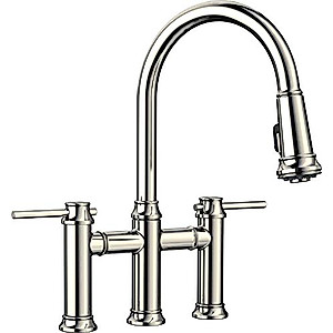 BLANCO KF-442506 Empressa Pull-Down Bridge Kitchen Faucet with Soap Dispenser, Polished Nickel