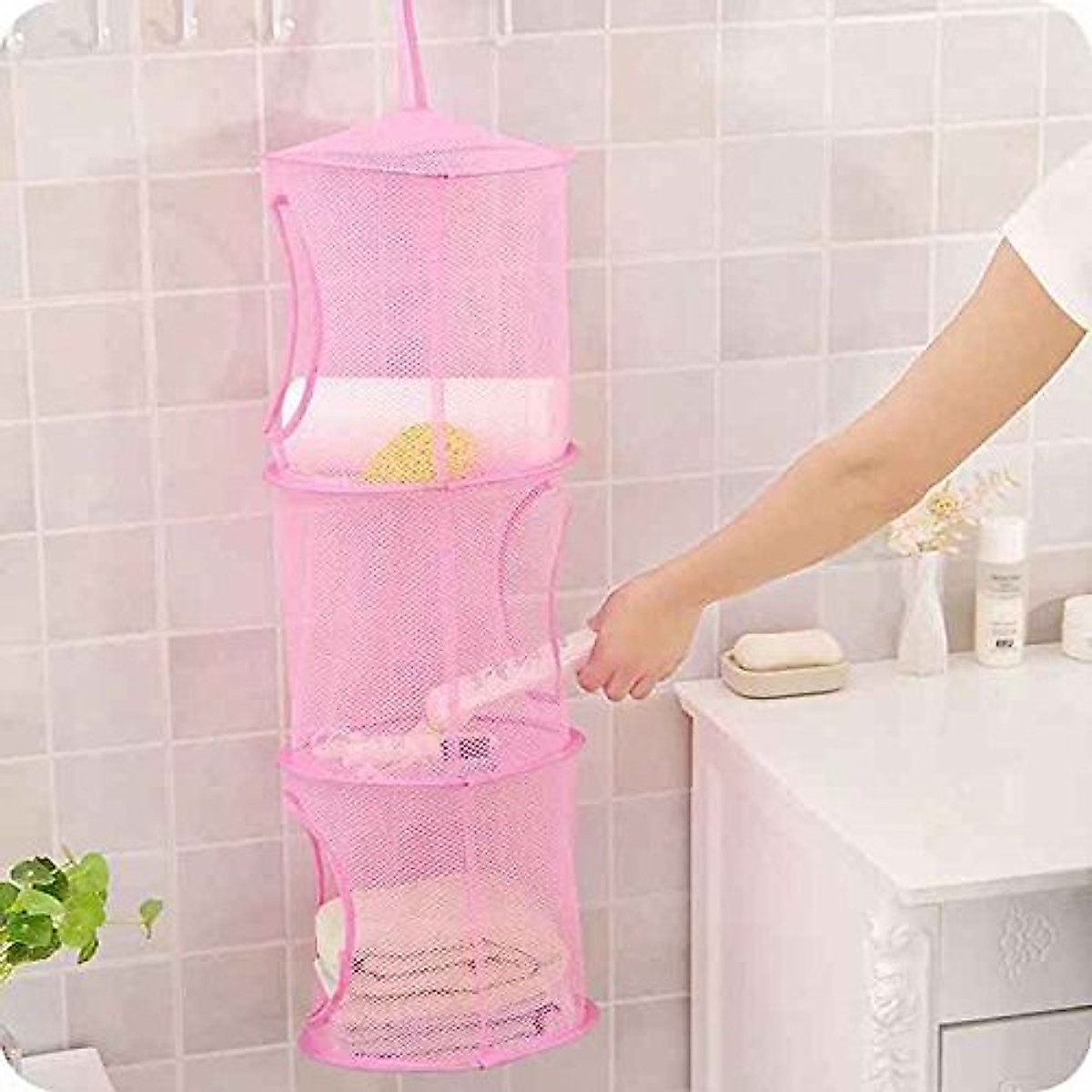 ChezMax Hanging Mesh Storage Organizer Foldable Space Saver Bags Toy Storage Basket for Kids Room Bathroom Wardrobe Wall Balcony 3 Compartments, 2 Pack