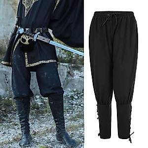 Men's Ankle Banded Pants Medieval Viking Navigator Pirate Costume Trousers Renaissance Gothic Pants, Black, Medium
