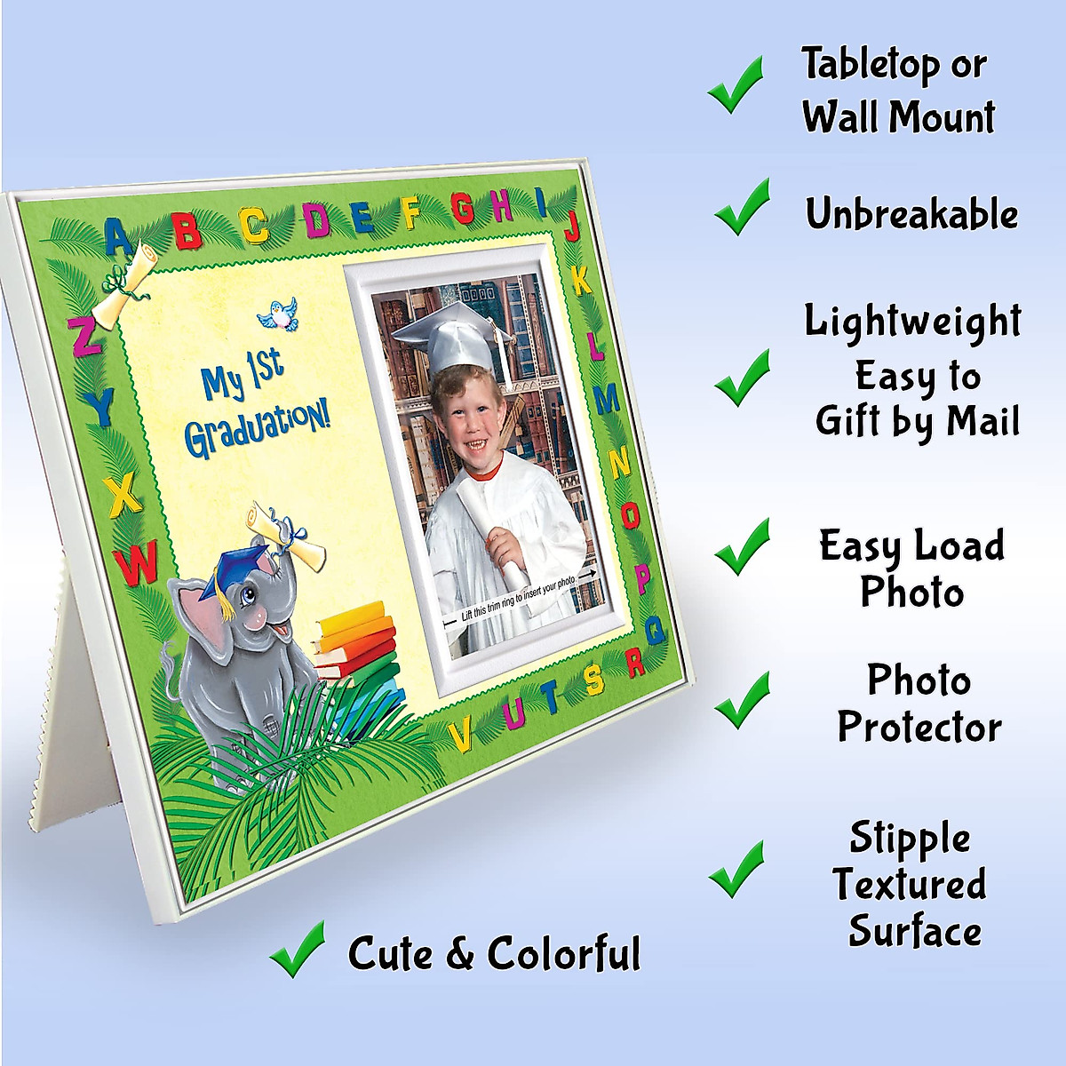 Prek Graduation Kindergarten Preschool Graduation Picture Frame | Colorful and Fun | Holds 3.5 x 5 Photo | First Graduation Keepsake Gift | Innovative Front-Loading Photo | Elephants Design
