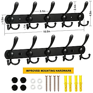TBMax Coat Rack Wall Mounted - 2 Pack Sturdy Metal Coat Hook Rail with 5 Tri Hooks for Coat Hat Towel Purse Robes Mudroom Bathroom Entryway -Black