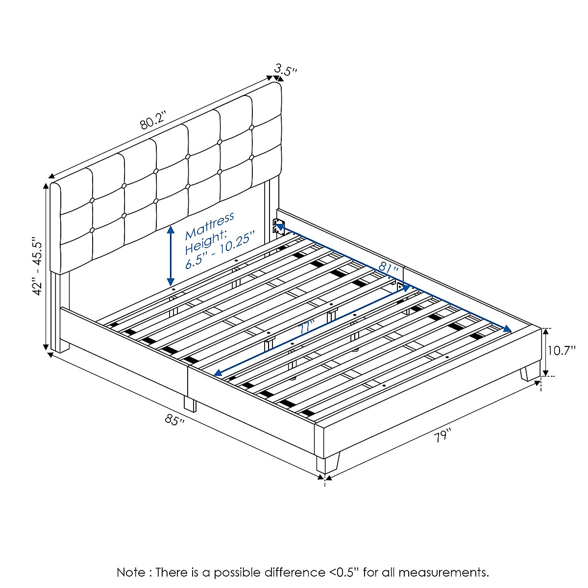 Furinno Laval Button Tufted Upholstered Platform Bed Frame, King, Stone