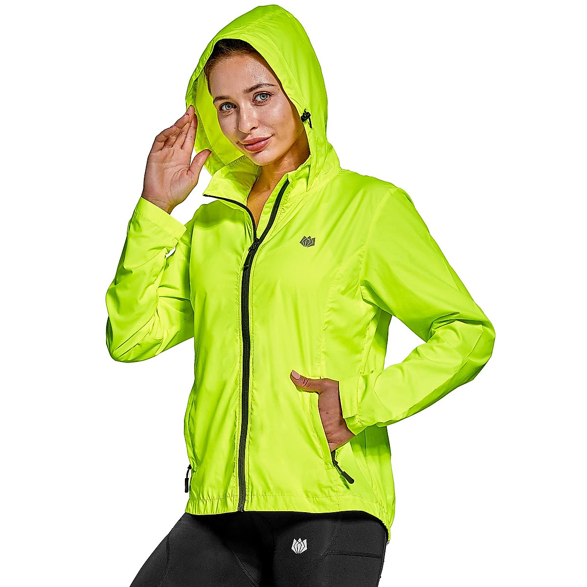 FitsT4 Sports Women's Cycling Running Jackets Lightweight Windproof Bike Windbreaker Reflective with Hood Fluorescent Yellow Size S