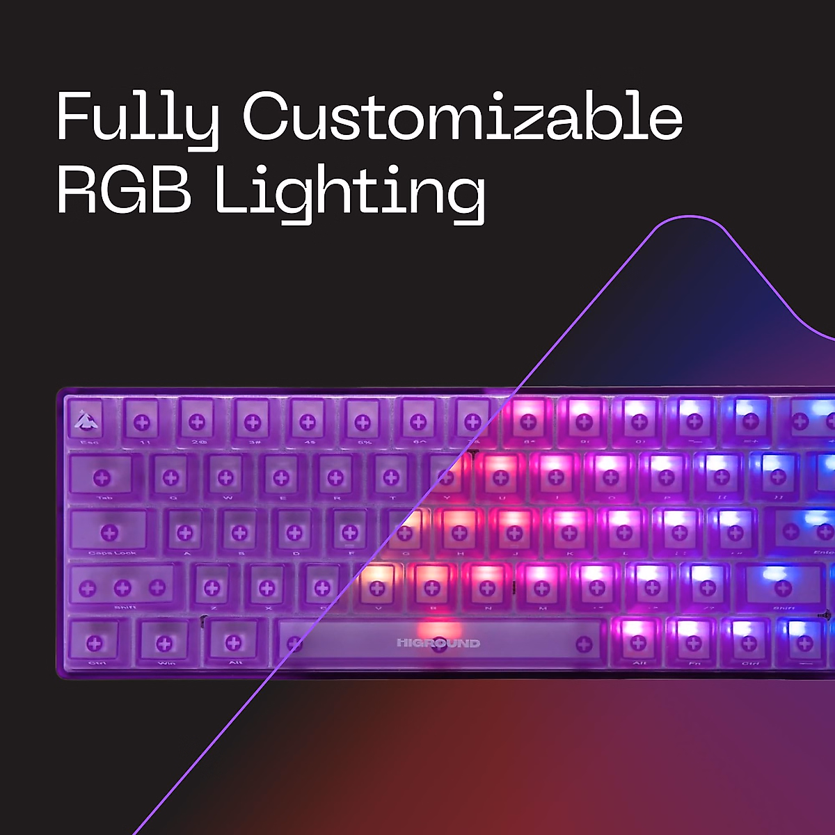 Higround Crystal Amethyst Basecamp 65% Mechanical USB Wired Gaming Keyboard, White Flame Switches, Programable RGB, Transparent/Translucent, Hot-Swappable, Deep Thock Creamy Sounding PC Keyboard