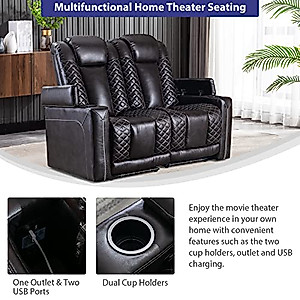 CANMOV Home Theater Seating, Electric Power Recliner with USB Ports and Cup Holders, Breathable Faux Leather Loveseat with Hidden Arm Storage, Ambient Lighting (Row of 2 Loveseat, Brown)