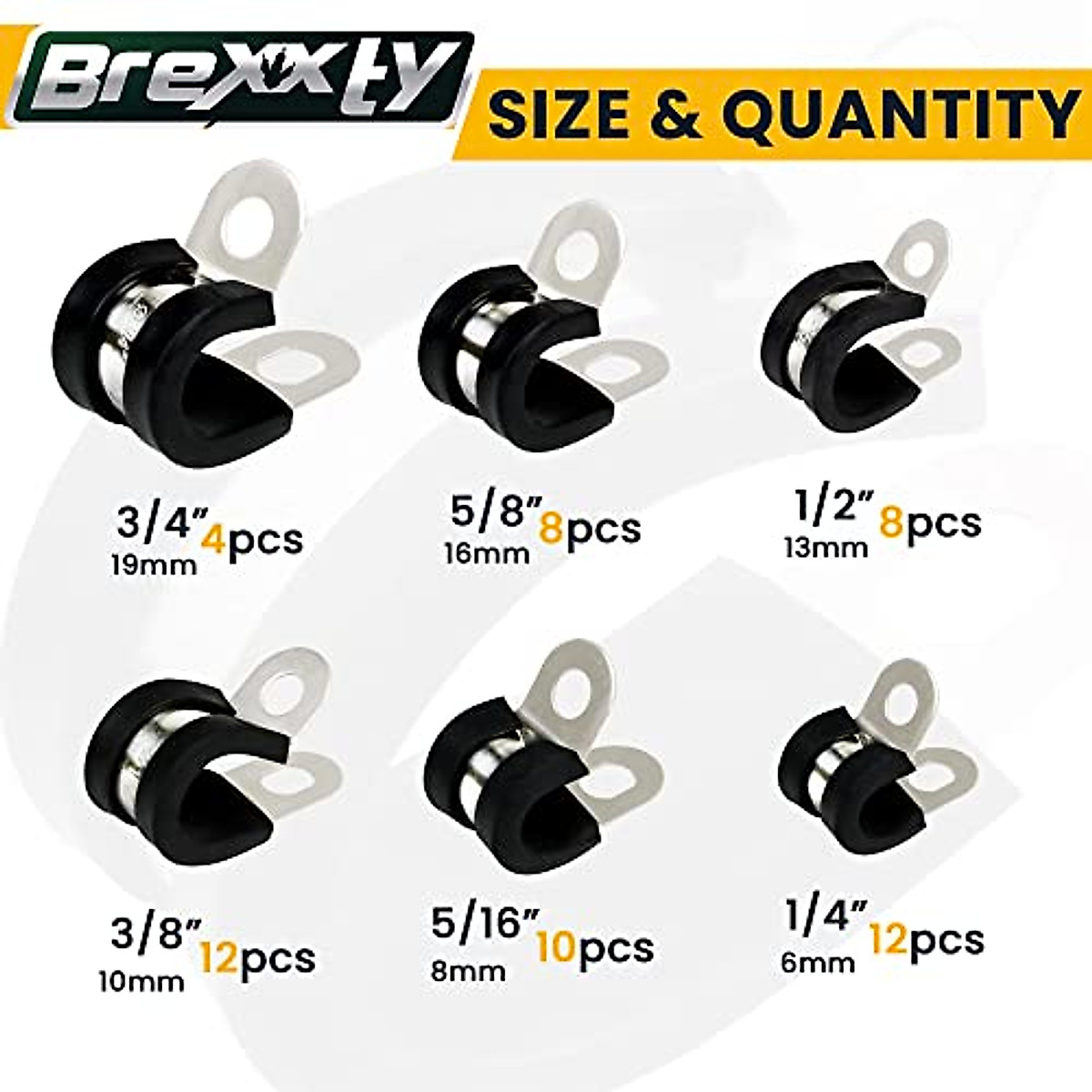 Brexxty 52 PCS Cable Clamps Assortment kit—304 Stainless Steel Wire Clamps of 6 Sizes—1/4" 5/16" 3/8" 1/2" 5/8" 3/4"—To Bundle, Clamp, & Protect Wires, Pipes, & Cables