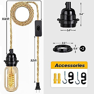HESSION Rattan Wrapped Extension Hanging Lantern Cord, Plug-in Pendant Light with Hemp Cord - 15ft, E26/E27 Compatible Plug in Vintage Fabric Lamp Cord - Ideal for Rustic Lighting and Boho Style Decor