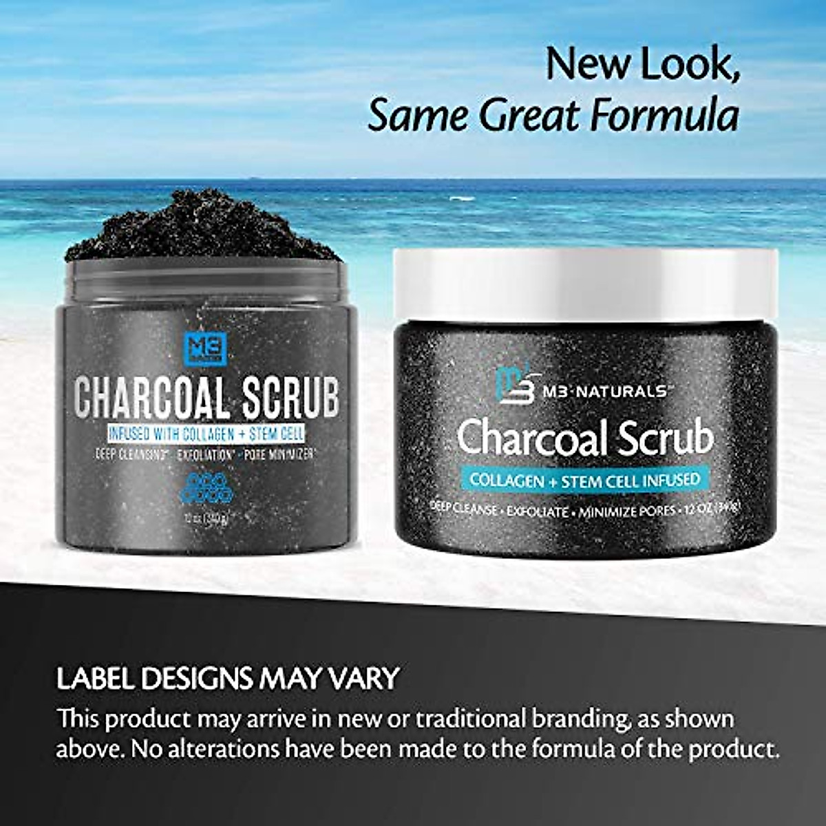 Charcoal Scrub Face Foot & Body Exfoliator Infused with Collagen and Stem Cell Exfoliating Salt Body Scrub for Toning Skin Cellulite Skin Care Body by M3 Naturals Pack of 2