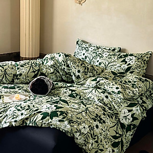 MKXI Green Floral Duvet Cover White Flowers Patterned Tropical Bedding Set Queen Size Print Duvet Cover Set for Girls Generous Plant Duvet Cover 100% Cotton Bedding