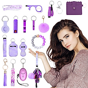 Ankilo Newest Newest Safety Keychain Set for Women, Safety Keychain Accessories, Bracelet Wristlet Keyring for Girls with Personal Alarm, No Touch Door Opener, Whistle and Pompom (Purple)