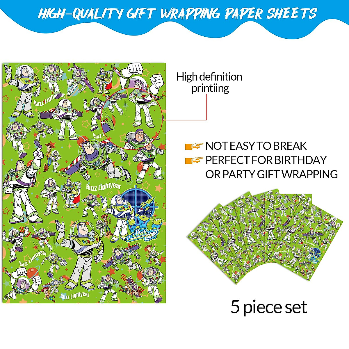 EYQQM Pack of 5 Gift Wrapping Paper 51x75cm Kraft Paper Wrapping Paper Sheets Pack for Kids Birthday, Party Storage Festive Decoration (Green Fly)