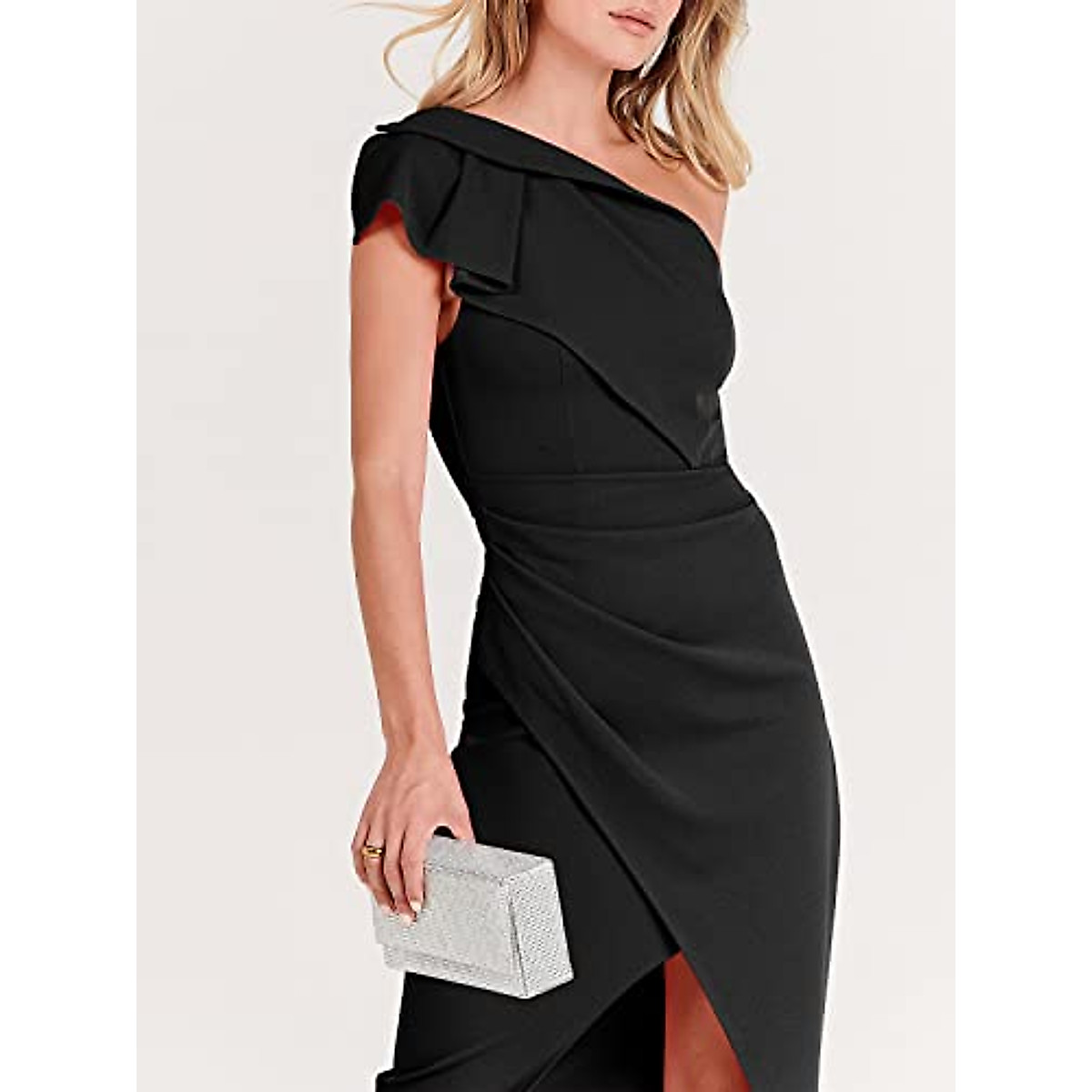 ANRABESS Women's One Shoulder Cocktail Evening Night Party Midi Dress Sleeveless Ruffle Wrap Ruched Bodycon Formal Wedding Guest Dresses for Graduation Prom 847heise-M Black