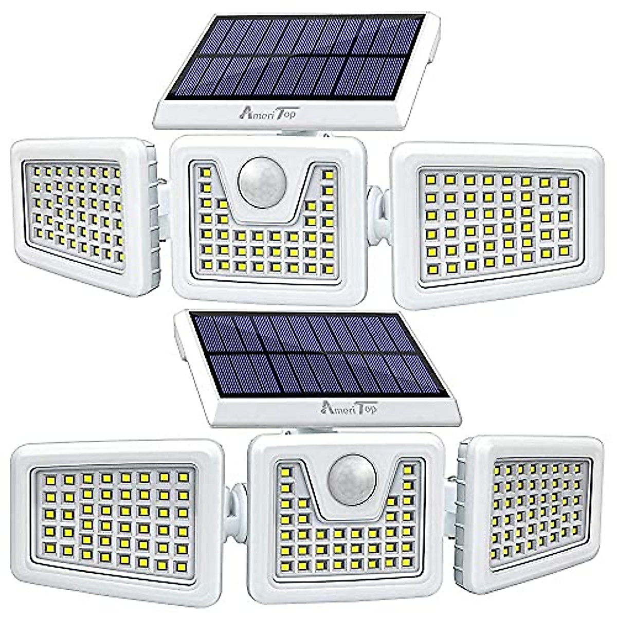 AmeriTop Bundle - 2 Pack Black LED Solar Motion Sensor Lights & 2 Pack White LED Solar Motion Sensor Lights; 128 LED 800LM, 3 Adjustable Heads, 270° Wide Angle Illumination, IP65 Waterproof