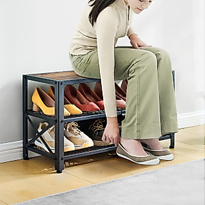 Hoctieon Shoe Rack, 3-Tier Shoe Organizer, 28in Small Wooden Shoe Bench for Front Door, Shoe Storage with Mesh Shelves for Entryway Living Room Hallway Closet, Rustic Brown (3-Tier)