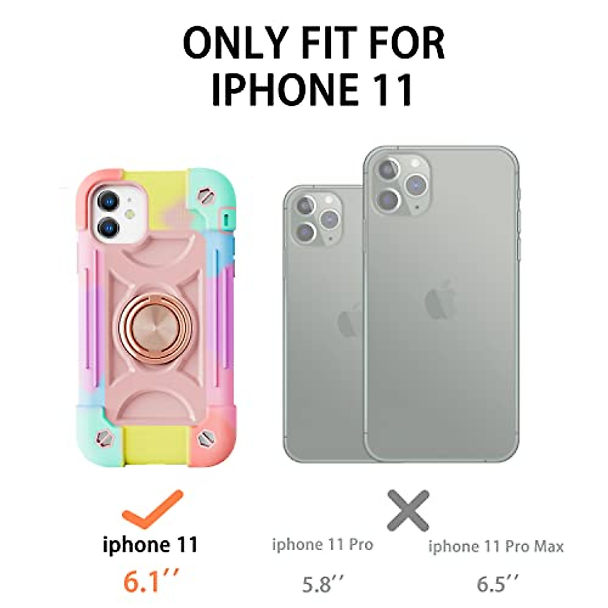 Cookiver for iPhone 11 Case 6.1 Inch with Ring Stand, with 2 Pack Glass Screen Protector ，Heavy-Duty Shockproof Rugged Military Grade Cover with Magnetic Car Mount for iPhone 11 (Rainbow Pink)