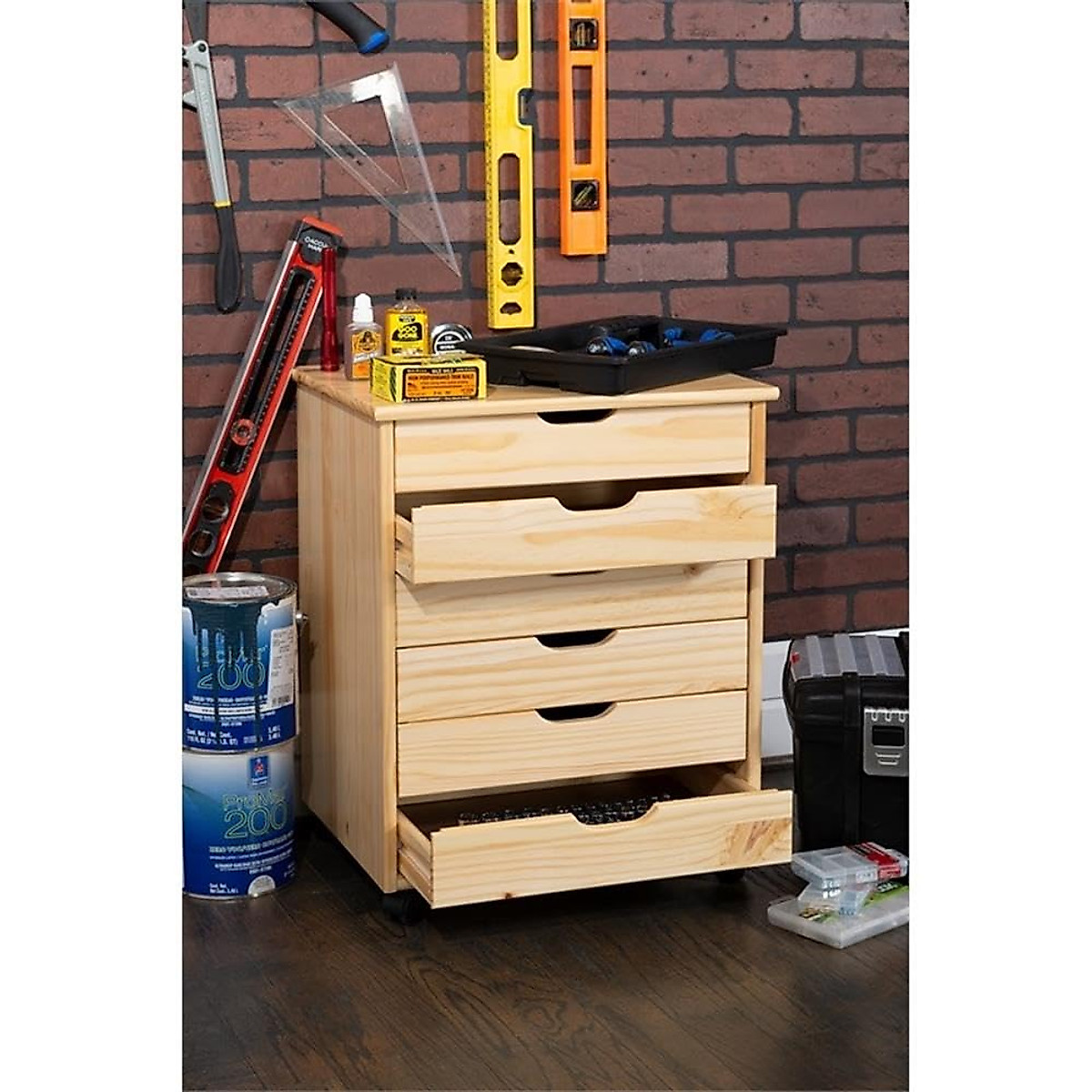 Linon Callie Multipurpose Six Drawer Dresser Wide Wood Rolling File Cabinet Storage Cart in Natural