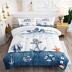 Suncloris Nautical Sailboat Comforter Set for Kids and Adults, Queen Size Anchor Rudder Themed Bedding Comforter with 2 Coastal Ocean Plant Patterned Pillowcases - 90"x90" (Queen, Dark Blue)