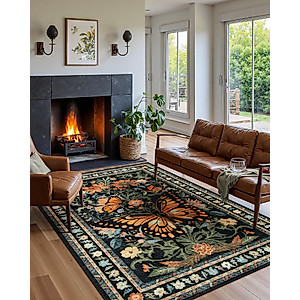 Wonnitar Butterfly Area Rug for Bedroom, 5x7 Black Rug for Living Room Washable Floral Rug, Boho Dining Room Rugs for Under Table Stain Resistant Floor Carpet for Entryway Playroom
