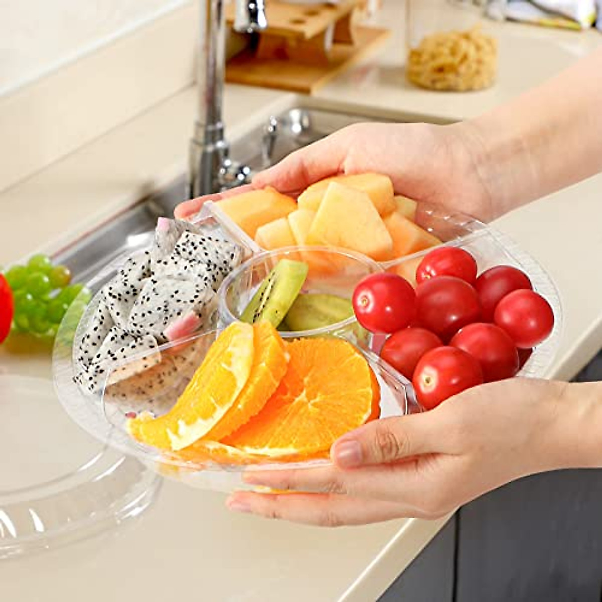 10 Pieces Appetizer Serving Trays with Lids Party Veggie Fruit Snack Trays with Lid Disposable Compartment Serving Platters Vegetable Salad Food Serving Containers (Clear,8.7 x 8.7 x 2.4 Inch)