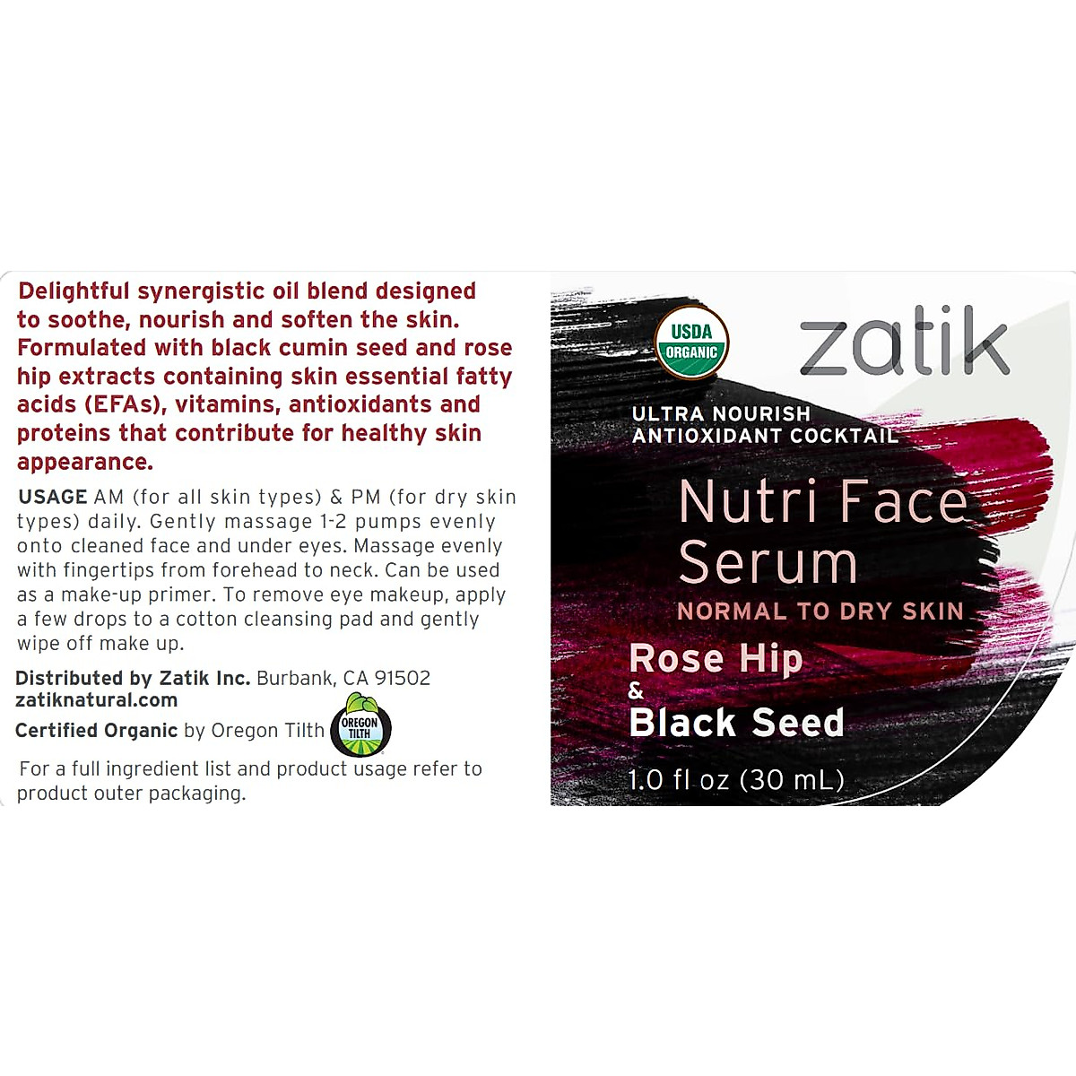 Zatik Naturals - Nutri Face Serum with Rose Hip and Black Seed, USDA Organic, Vegan, Non-GMO, Gluten Free, Soy Free, Alcohol Free, pH Balanced, Biodegradable, 1.0 fl oz, 30ml