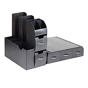 Mind Reader Anchor Collection, 3-Drawer Single Serve Coffee Pod Drawer, 36 Coffee Pod Capacity, Coffee Machine Base and 10-Compartment Cup and Condiment Countertop Organizer Set, Black