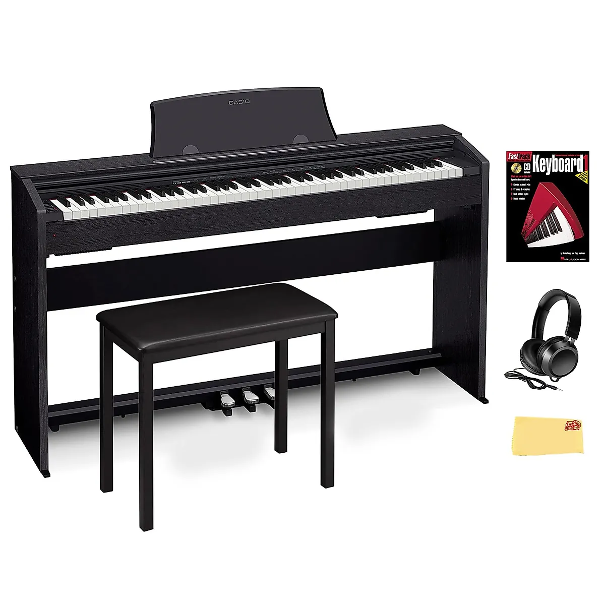 Casio Privia PX-770 Digital Piano - Black Bundle with Furniture Bench, Headphones, Piano Book, Online Piano Lessons, Instructional DVD, and Austin Bazaar Polishing Cloth
