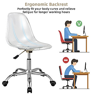 Giantex Acrylic Desk Chair, Clear Armless Office Rolling Chair, Height Adjustable Leisure Ghost Chair w/Chromed Base, Modern Cute Vanity Chair, Swivel Computer Chair for Home Office