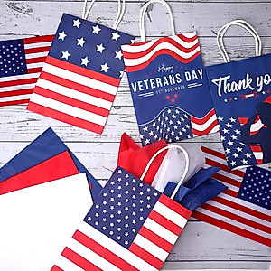 MIMIND 12 Pieces Veterans Day Gift Bags with Handle Patriotic Gift Bags with 24 Red Blue White Tissue Paper Thank You Veterans Goodie Gift Treat Bags for Veterans Day Memorial Day Independence Day