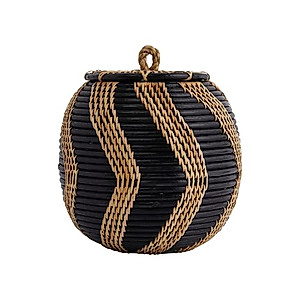 Boho Handwoven Rattan Storage Basket with Lid, Natural and Black