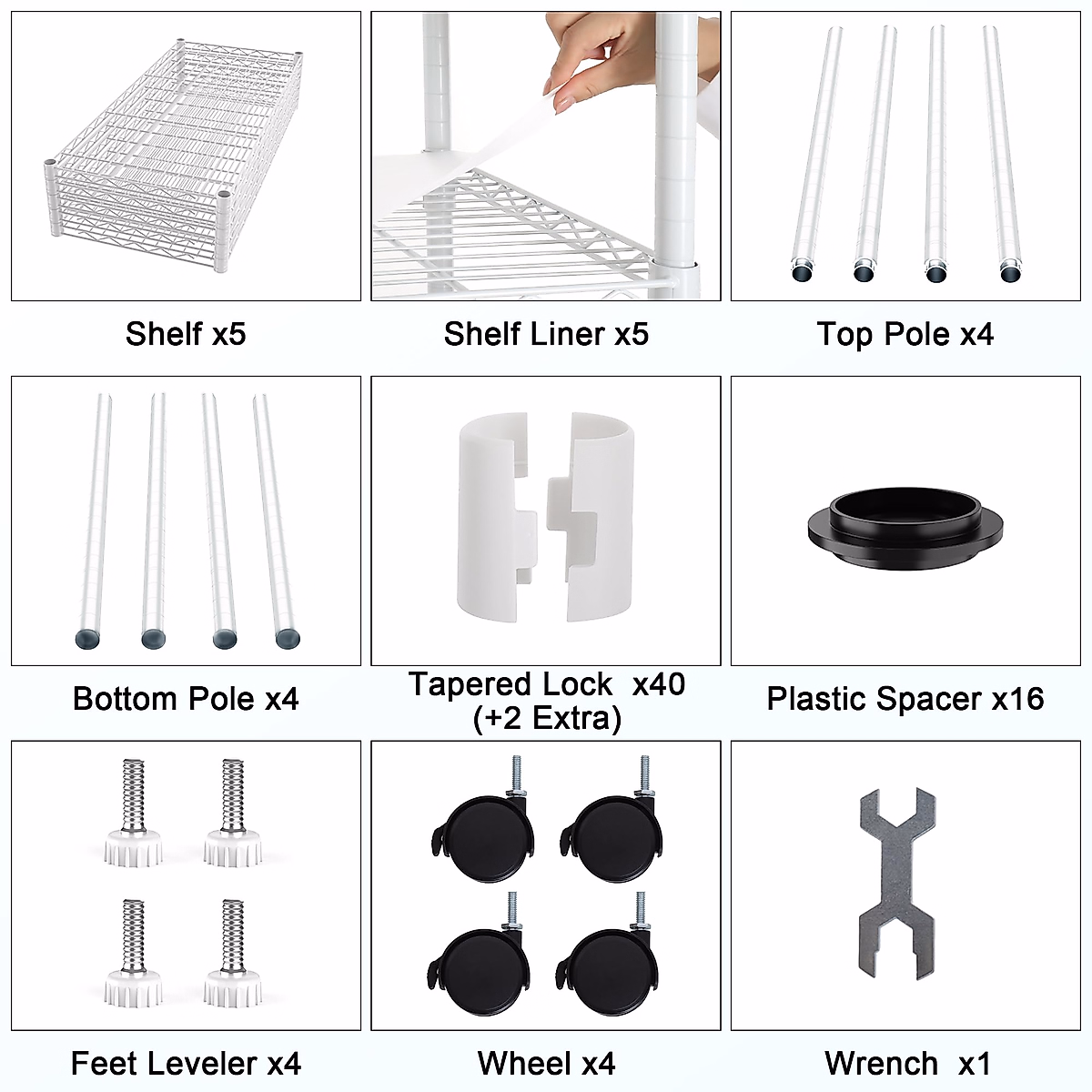 Dolonm 5 Tier Wire Shelving Unit, 750 LBS NSF Storage Shelf, 14"D x 30"W x 60"H, Kitchen Shelf with Liners, Garage Storage Shelves with Wheels, Heavy Duty Metal Pantry Racks, Adjustable Shelf, White