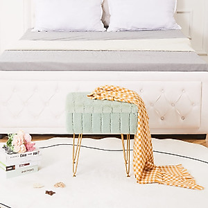 Wimarsbon Faux Mink Fur Storage Ottoman, Modern Soft Footstool, Storage Bench with Metal Legs, Vanity Seat, Fur Stool, Ottoman Coffee Table, Makeup Chair, Vanity Stools for Bedroom (Light Green)