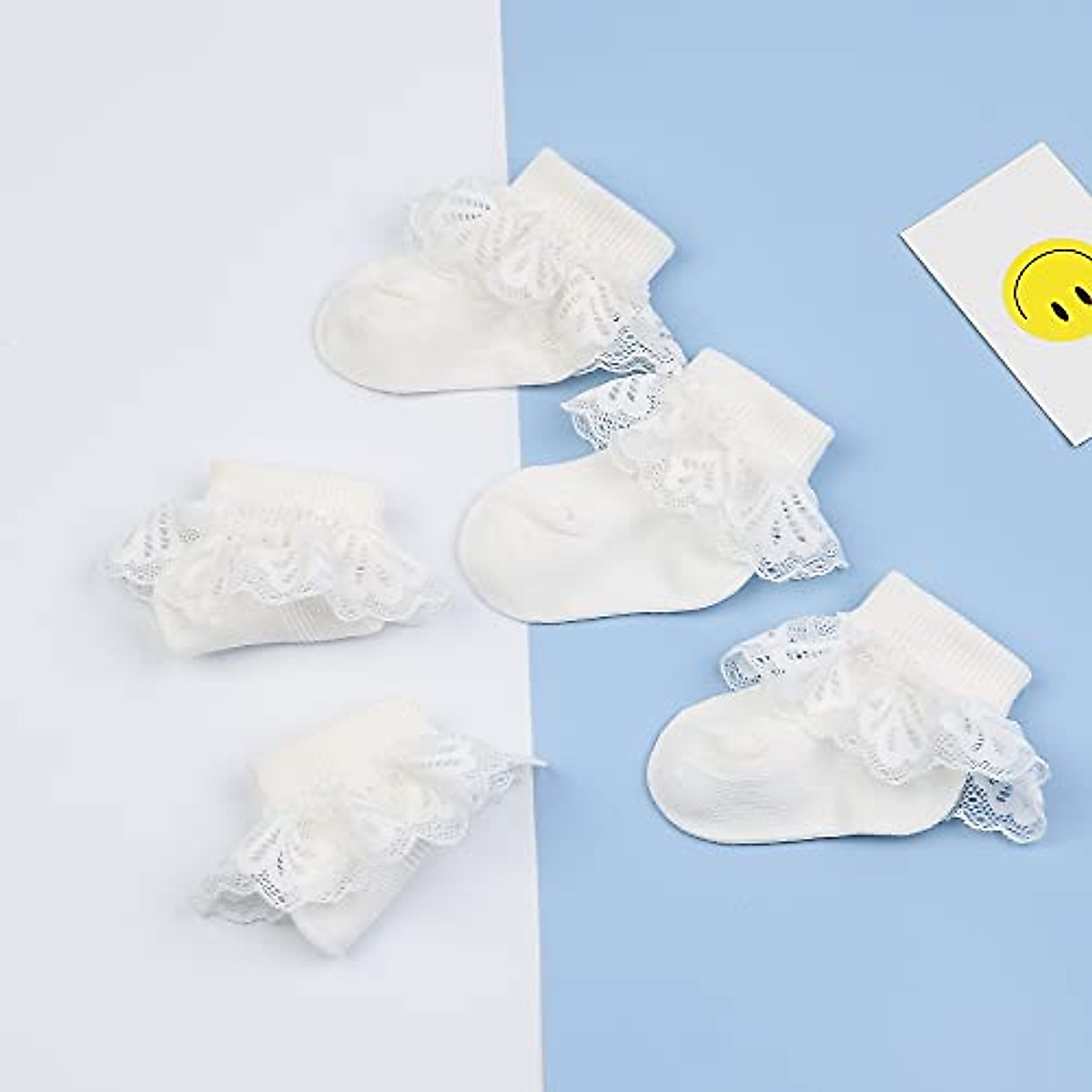 VINIKNIKA 6 Pairs Baby Girls Socks Newborn Ruffle Lace Socks Princess Frilly Knit Cotton Socks with Bows for Infant Toddler Kids (White 6 Pairs Set 6, 6_months)