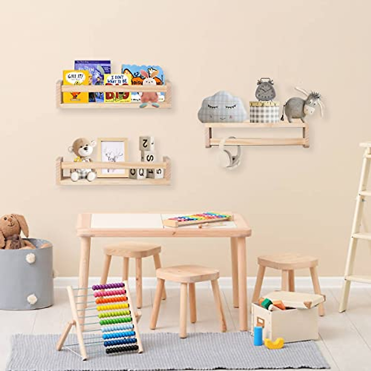 Set of 3 Nursery Room Shelves, Floating Bookshelf for Toddler Baby Room Bedroom Kitchen Bathroom, Small Book Shelf Organizer for Kids, Solid Wood Hanging Book Shelf for Wall Mounted Decor