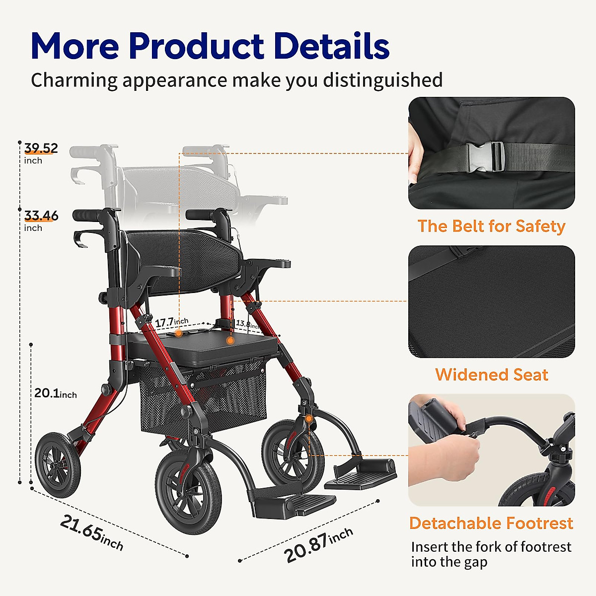 2 in 1 Walkers for Seniors with Seat, VOCIC Transformable Rollator Walker and Transport Chair, Transport Wheelchair w/Paded Seatrest, Pouch, Backrest and Footrest-Gloria Red