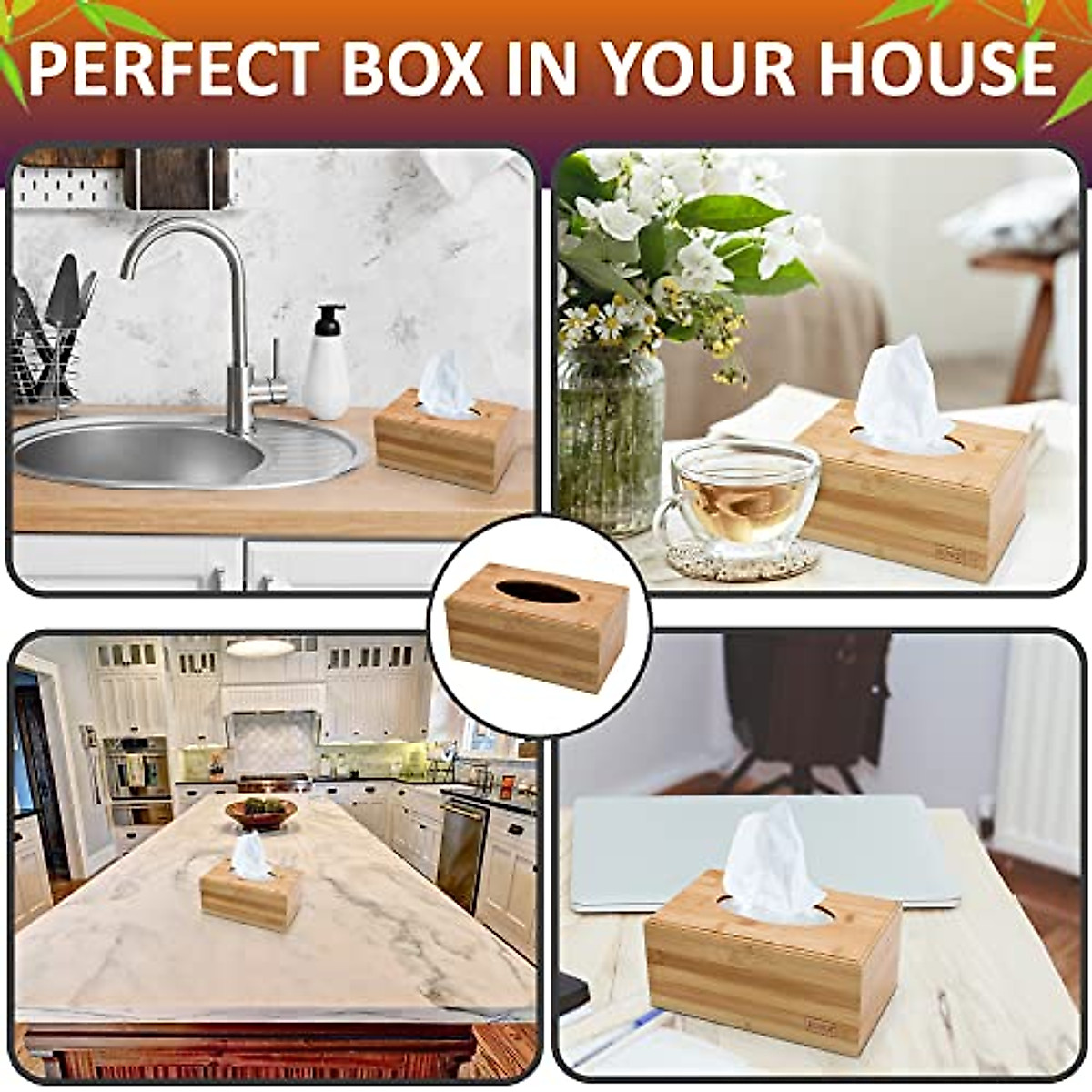 KOVOT Rectangular Tissue Box Holder - Natural Bamboo Tissue Box Cover with Sliding Bottom - Modern Brown Natural Wooden Rectangular Tissue Holder - Fits a Standard Tissue Box 9.25" L x 5" W x 3.75" H