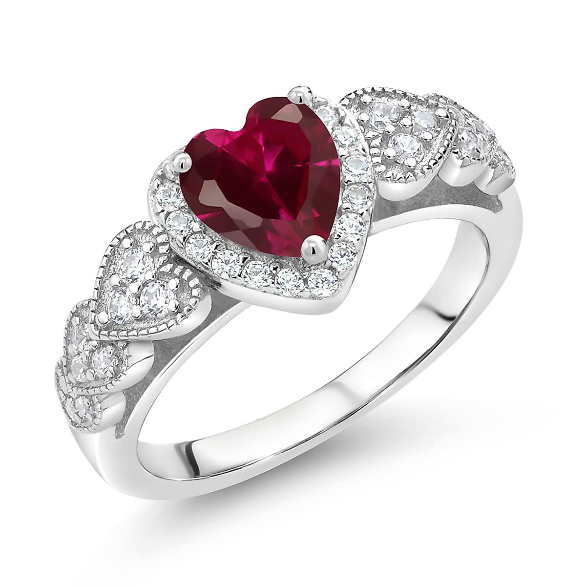Gem Stone King 925 Sterling Silver Heart Shape Created Ruby and White Moissanite Women Ring (1.14 Cttw, Heart Shape 6MM, Available In Size 5, 6, 7, 8, 9)