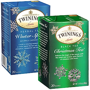 Twinings Christmas Tea and Winter Spice Tea Variety Pack - 1 Caffeinated Spiced Black Tea and 1 Caffeine-Free Spiced Camomile Herbal Tea, Bags Individually Wrapped, 20 Count (Pack of 2)