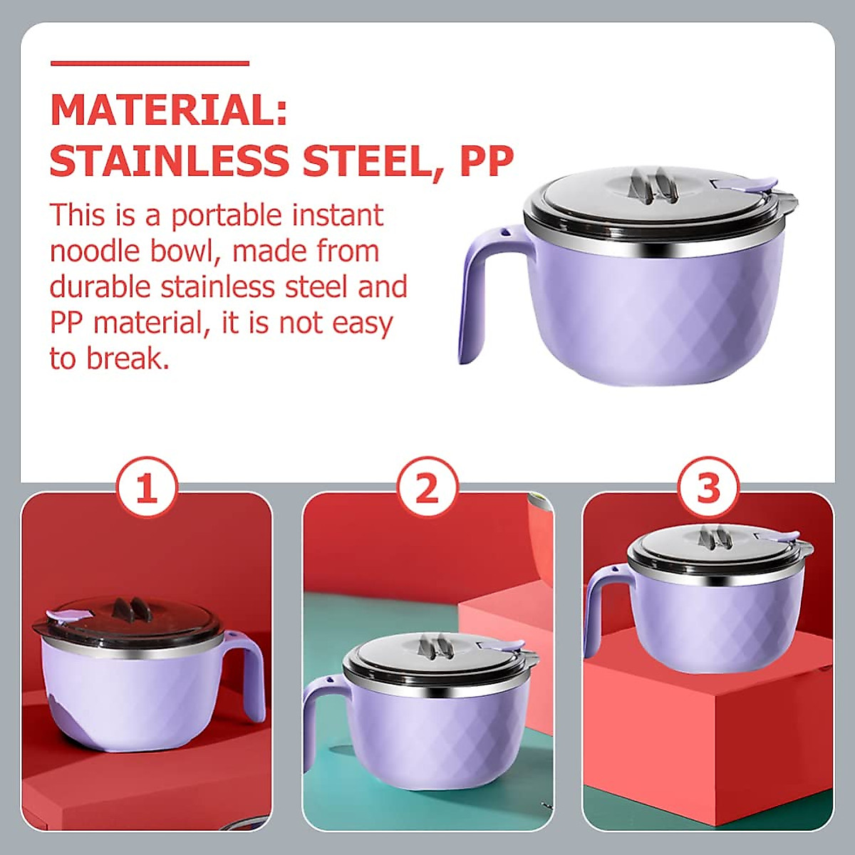 Homoyoyo Spaghetti Container Instant Noodles Bowl Ramen Bowl: Purple Large Bowls Soup Mug with Lid and Handle for College Dorm Room for Soup Noodle Ramen Soup Bowl Snack Container