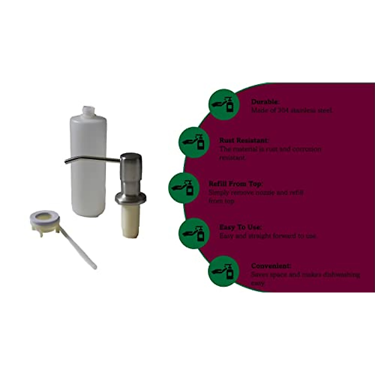 Soap Dispenser for Kitchen Sink, Built in, Stainless Steel, Pump Set for Dish Soap or Lotion, Refill from The Top (Silver)