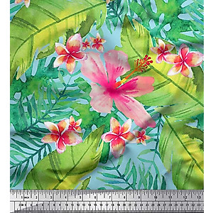 Soimoi Blue Cotton Cambric Fabric Leaves & Plumeria Flower Tropical Fabric Prints by Yard 56 Inch Wide