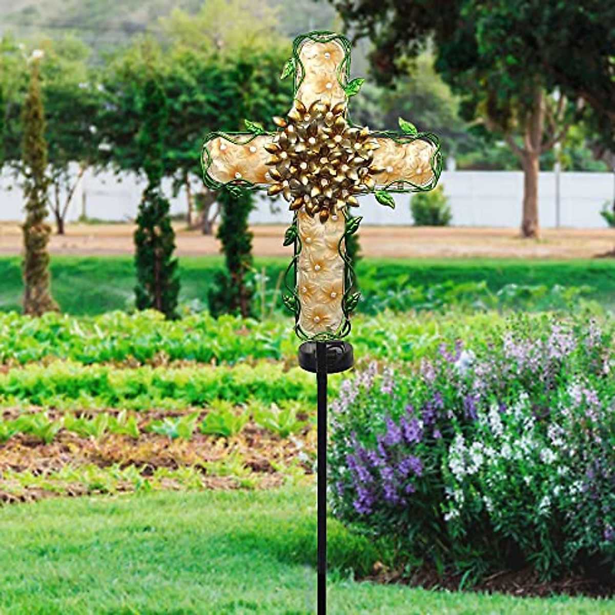 COOZZYHOUR 38inch Solar Cross Garden Lights Outdoor Decorative - Solar Metal&Glass Cross Apricot Hydrangea Flower Stake Lights- Waterproof 20 White LED for Remembrance Gifts & Sympathy Gifts