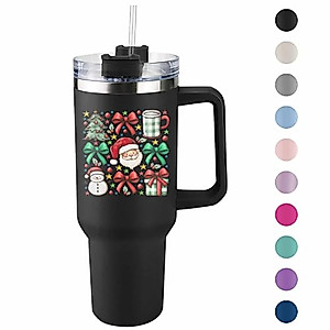 LB LEOBON 40 ounce insulated cup with handle, double-layer vacuum stainless steel material, equipped with straw, can keep warm or maintain cold drinks Santa Claus Gift black