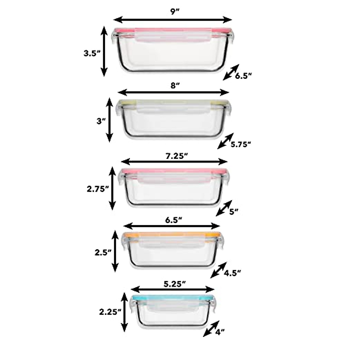 Glass Food Storage Containers 10 Pc, Airtight Glass Storage Containers with Lids, Glass Lunch Bento Boxes, Leak Proof BPA Free Glass Meal Prep Containers (5 lids, 5 Containers) Color Coordinating Lids