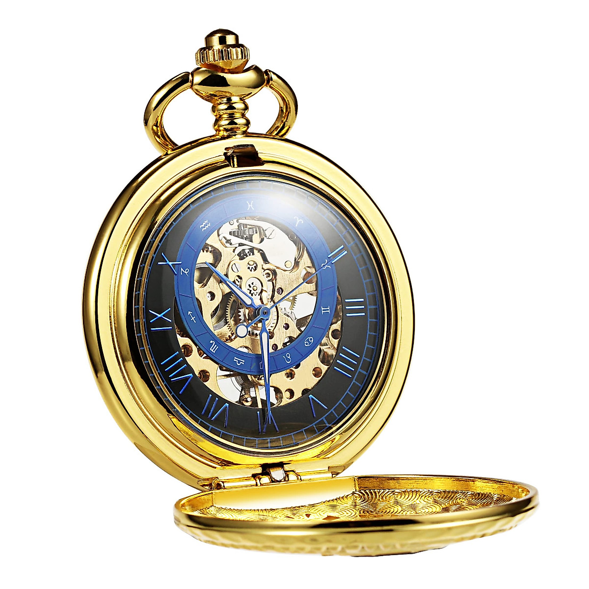 TREEWETO Men's Mechanical Roman Numerals Dial Sun and Moon Skeleton Gold Case Pocket Watches with Box and Chains for Mens Women