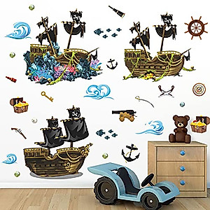 4 Sheet Pirate Ship Wall Sticker Shipwreck Wall Decal DIY Self-Adhesive Waterproof Waves Treasure Fish Hook Pearl Coral Reef Wall Art Decoration for Kitchen Bathroom Kids Boys Bedroom Playroom Nursery (A)