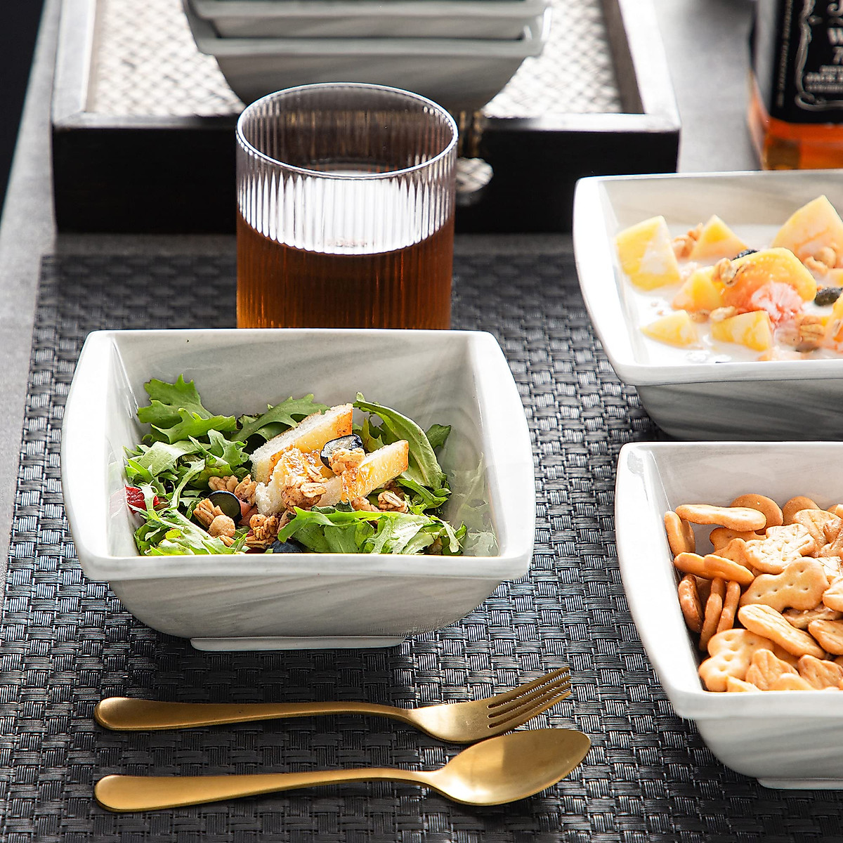 MALACASA Marble Grey Cereal Bowls, 13 Ounce Square Dessert Bowls Side Dish Bowls, Serving Bowls Set for Ice Cream, Salad, Pudding and Pasta, Set of 6, Series Blance