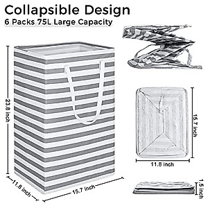 6 Pcs Laundry Hamper 75L Large Collapsible Laundry Baskets Freestanding Dirty Clothes Hamper Waterproof Clothes Hampers Organizer with Easy Carry Handles for Laundry Clothes Bedroom (Gray, White)